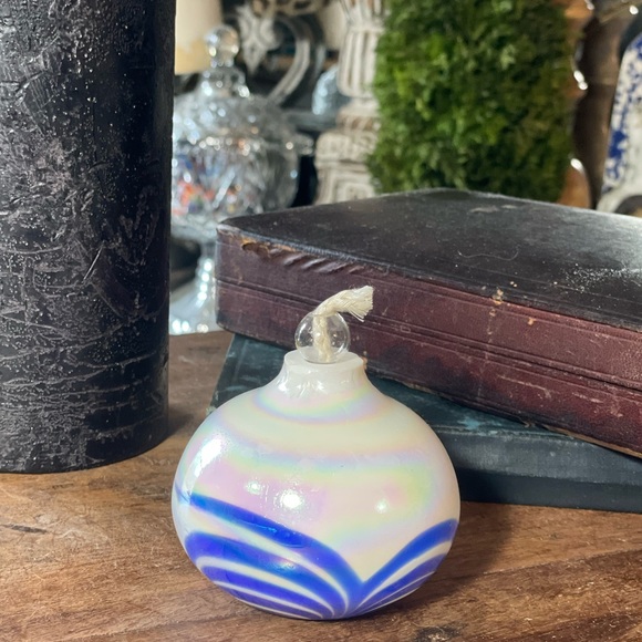 Balos | Art | Balos Peacock Fumed Art Glass Oil Lamp Blue Iridescent ...